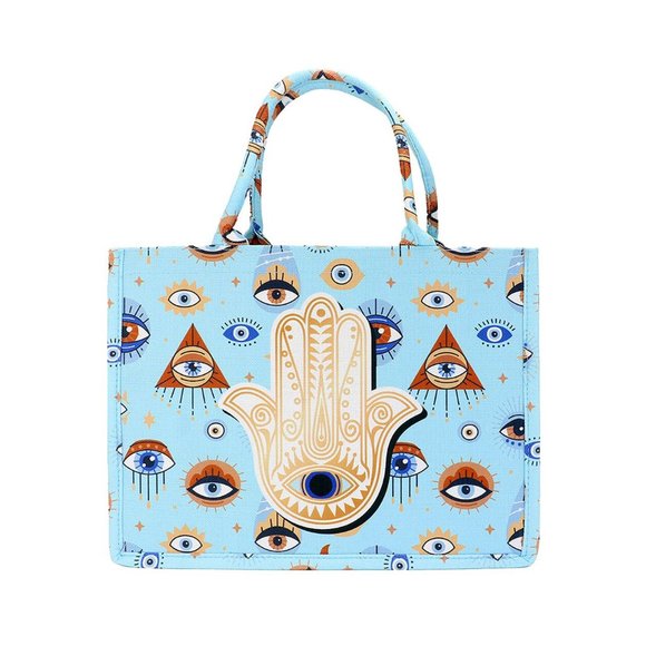Bags | Tigerstars Blue Evil Eye Hamsa Hand Print Tote Bag | Poshmark